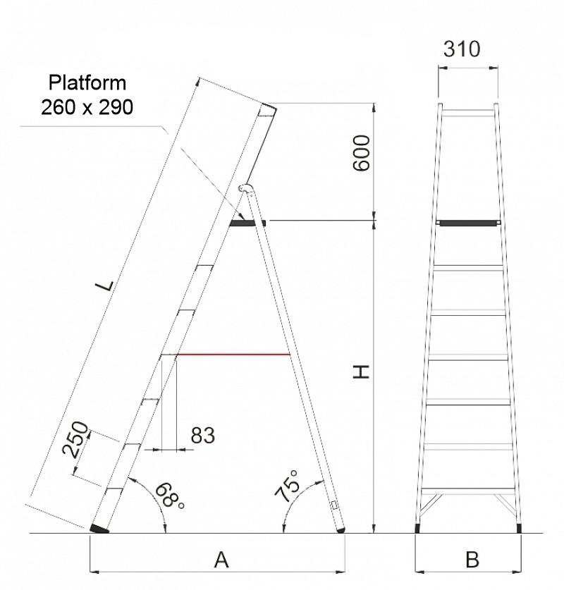 Enostranska A-lestev s platformo in pladnjem V026 | PTEAM d.o.o.